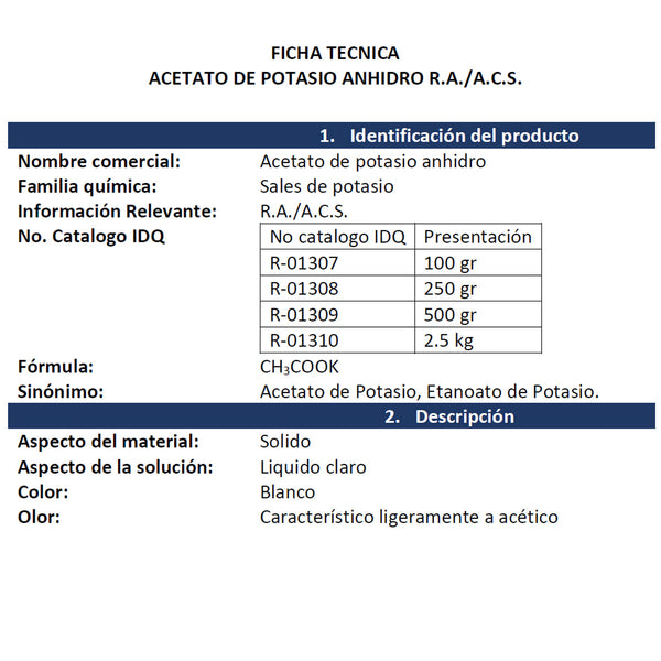 Acetato De Potasio Anhidro R.a. 1 Kg | QualiLab - KAP TOOLS